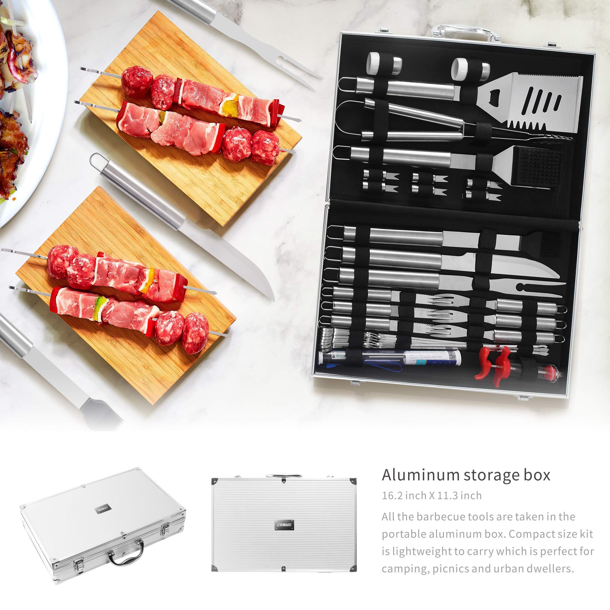 SENDAIST Deluxe BBQ Grill Tool Set β 32 PCS Camping BBQ Grilling Accessories β Portable Grill Utensil Set with Thermometer in Heavy Duty Aluminum Case