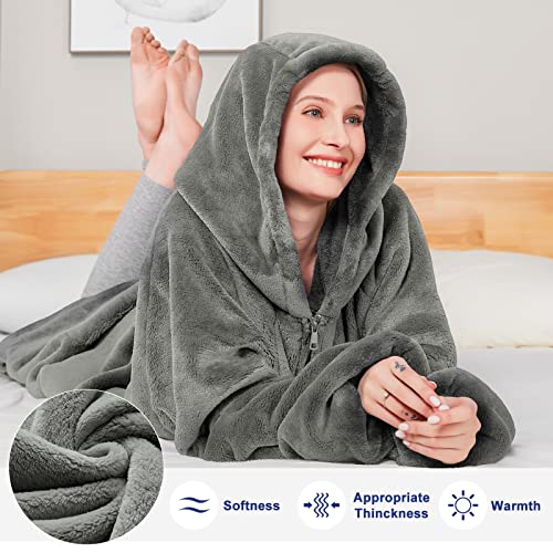 BOBOR Sweatshirt Blanket, Oversized Wearable Hoodie Fleece Blanket with Large Front Pocket for Adults, Men, Women, and Kids, Super Soft Fuzzy Warm Comfortable Flannel Blanket（Light Gray）