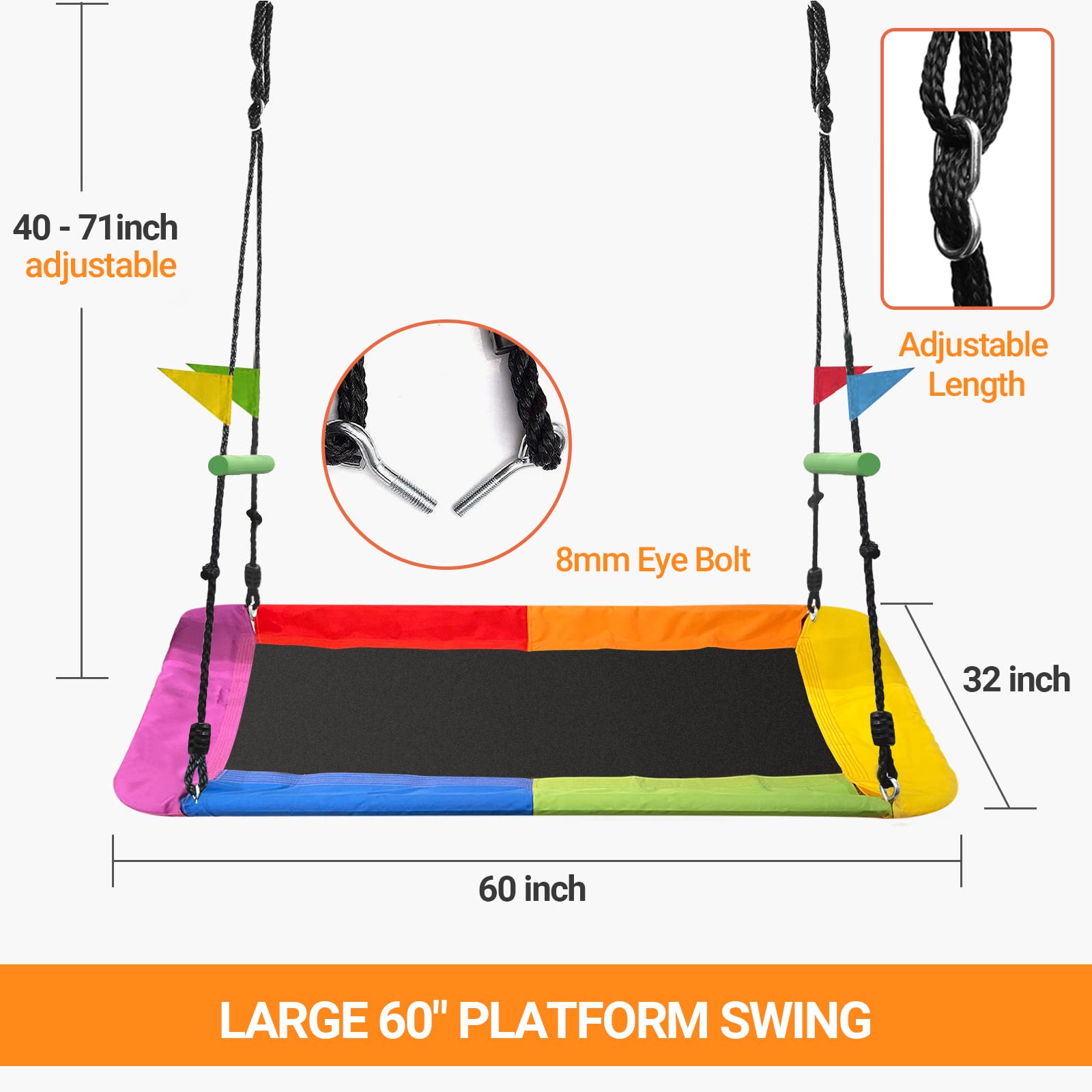 IKARE Large Platform Tree Swing 60" x 32", 800lb Weight Capacity, Indoor Outdoor Play Swing Set for Kids Adults, Adjustable Rope, Mesh Mat,Wear-Resistant Tree Cover