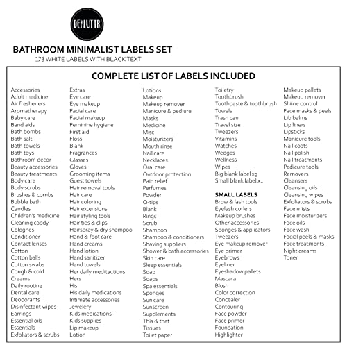Dekluttr 173 Minimalist Bathroom Labels for Organizing Bathroom Preprinted Waterproof Organization Labels for Storage Bins Containers and Jars Sticks to Glass Plastic and Metal