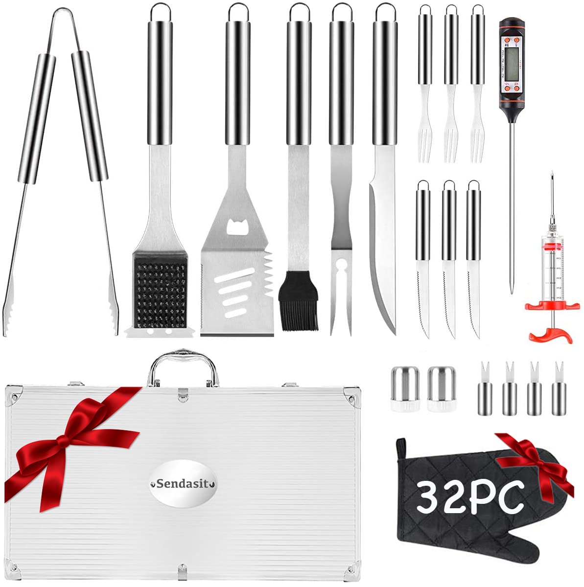 SENDAIST Deluxe BBQ Grill Tool Set – 32 PCS Camping BBQ Grilling Accessories – Portable Grill Utensil Set with Thermometer in Heavy Duty Aluminum Case