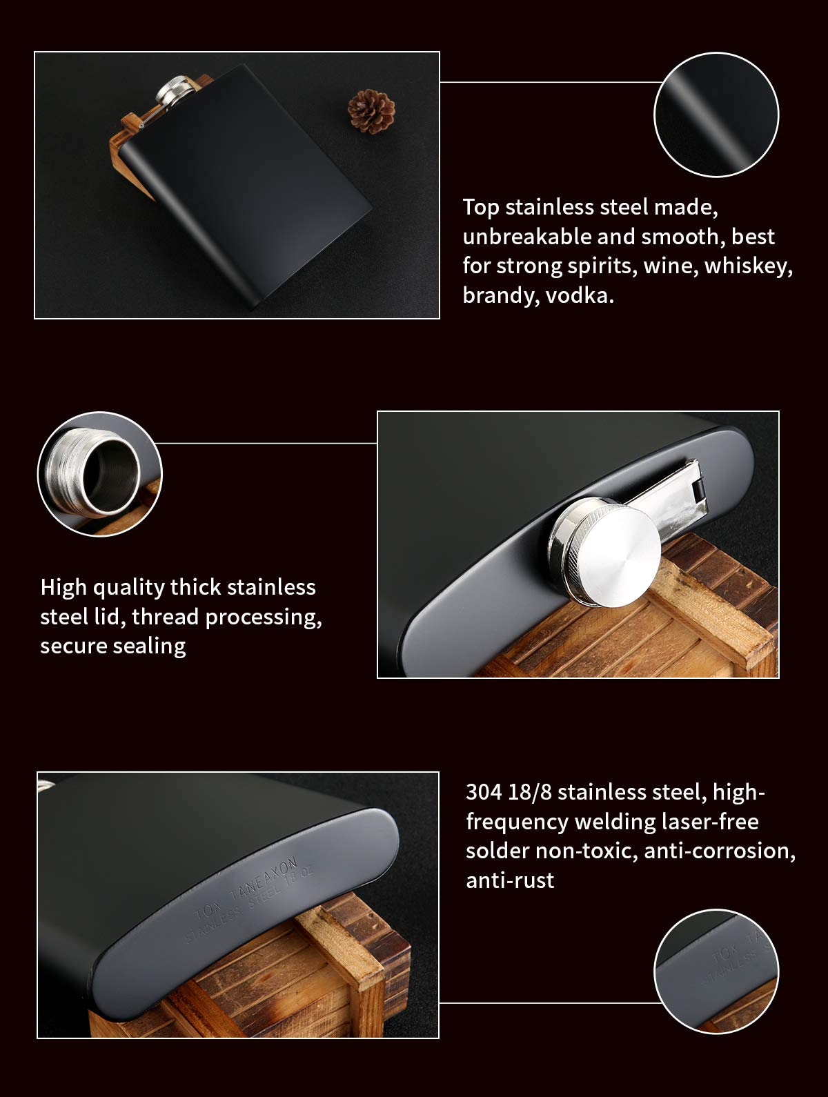 TOX TANEAXON 18 oz Matte Black Large Capacity Stainless Steel Whiskey Hip Flask for Liquor