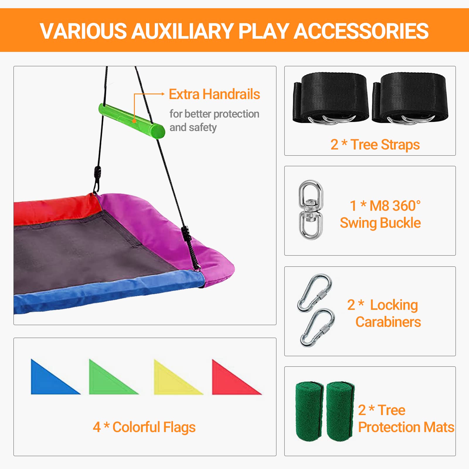 IKARE Large Platform Tree Swing 60" x 32", 800lb Weight Capacity, Indoor Outdoor Play Swing Set for Kids Adults, Adjustable Rope, Mesh Mat,Wear-Resistant Tree Cover