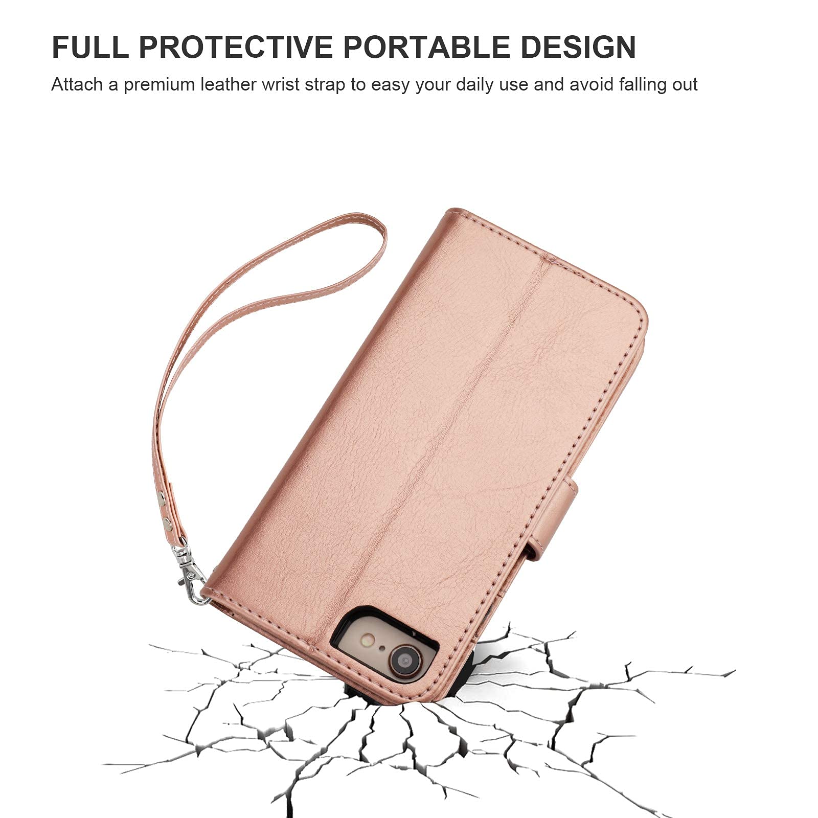Bocasal for iPhone SE (2022)/SE (2020)/8/7 Wallet Case with Card Holder PU Leather Magnetic Detachable Kickstand Shockproof Wrist Strap Removable Flip Cover for iPhone 7/8/SE2/SE3 4.7 inch (Rose Gold)