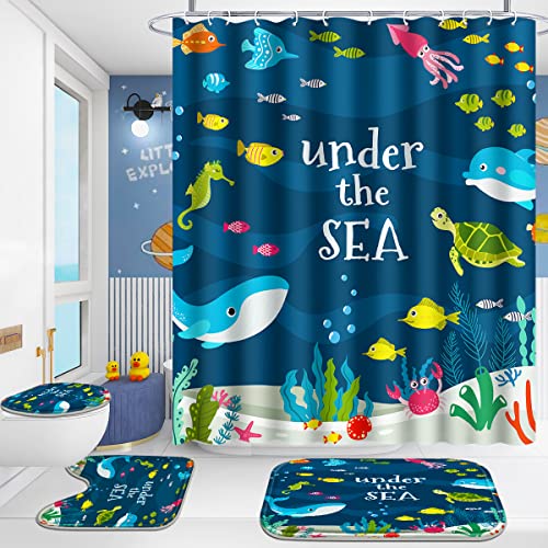 Poedist 4 Pcs Bathroom Shower Curtain Set,Kids Bathroom Sets with Rugs(Bath Mat,U Shape and Toilet Lid Cover Mat) and 12 Hooks,Under The Sea