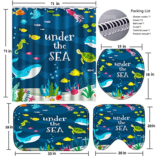 Poedist 4 Pcs Bathroom Shower Curtain Set,Kids Bathroom Sets with Rugs(Bath Mat,U Shape and Toilet Lid Cover Mat) and 12 Hooks,Under The Sea