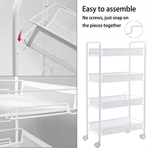 Rolling Storage Cart 4-Tier Metal Mesh Basket Shelves Kitchen Organizer with Wheels(White)