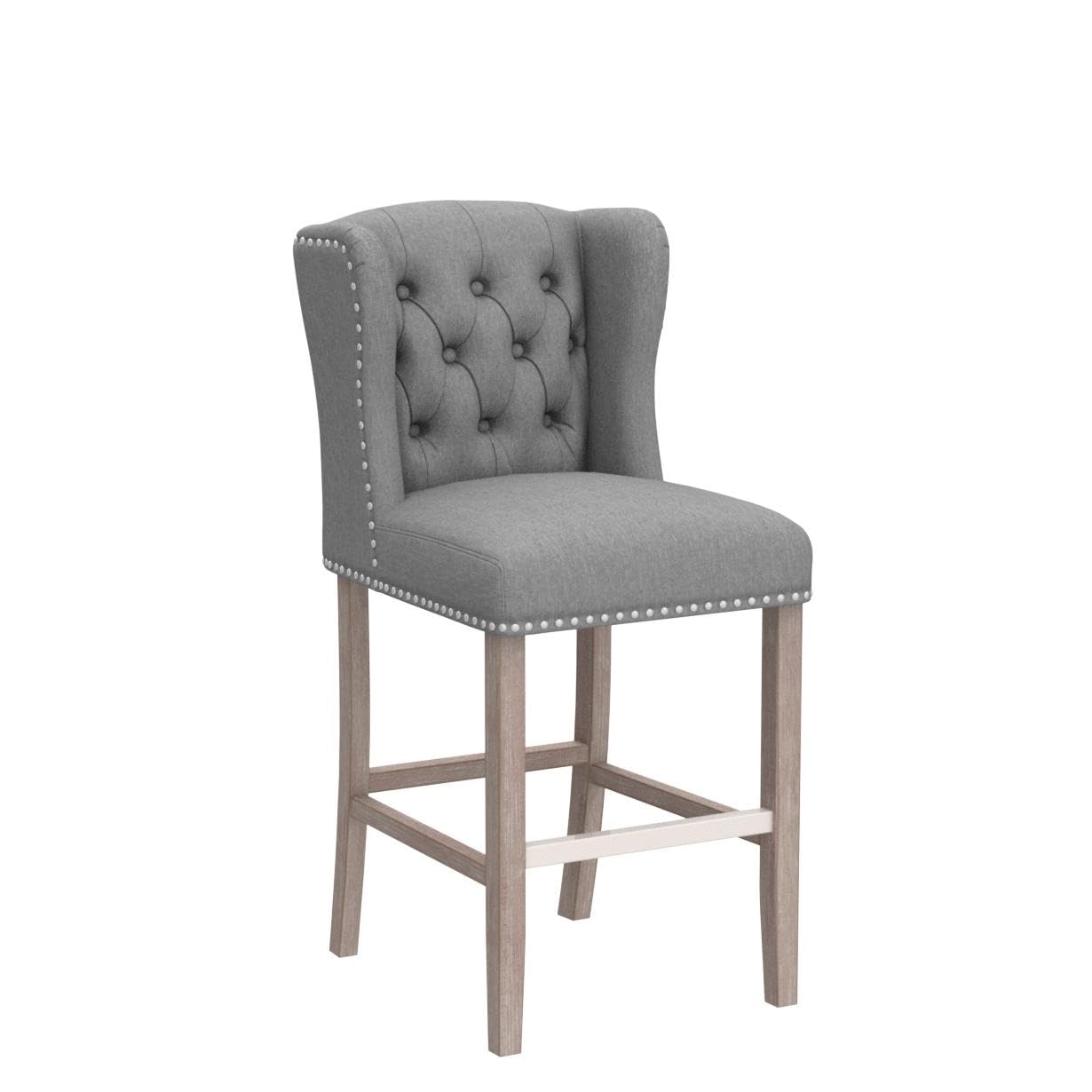 HOMCOM Counter Height Bar Stools Set of 2, 27" Seat Height Upholstered Barstools, Farmhouse Kitchen Island Stools with Nailhead-Trim, Tufted Back and Wooden Legs, Light Gray