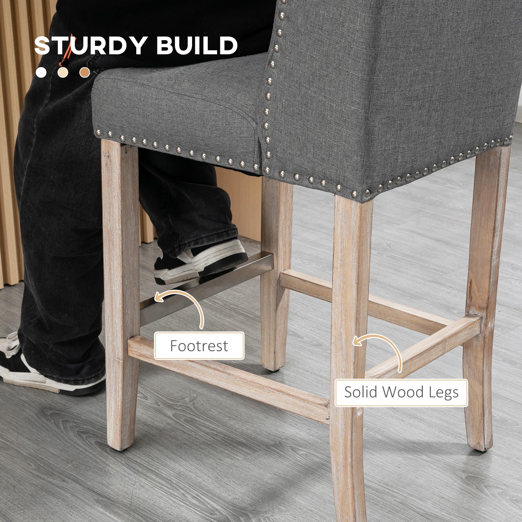 HOMCOM Counter Height Bar Stools Set of 2, 27" Seat Height Upholstered Barstools, Farmhouse Kitchen Island Stools with Nailhead-Trim, Tufted Back and Wooden Legs, Light Gray