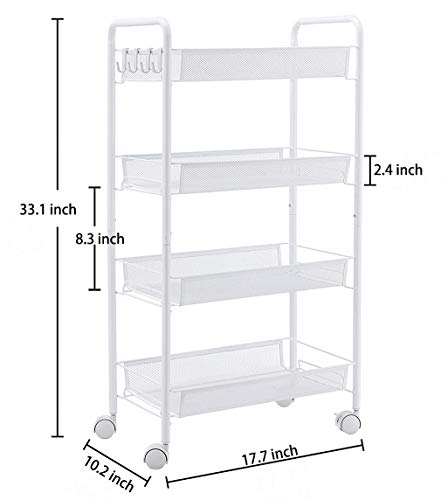 Rolling Storage Cart 4-Tier Metal Mesh Basket Shelves Kitchen Organizer with Wheels(White)