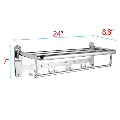 HOONEX Foldable Towel Rack for Bathroom Wall Mounted, 24-Inch Towel Shelf with Towel Hooks and Adjustable Towel Bar, 304 Stainless Towel Holder, Polished Silver
