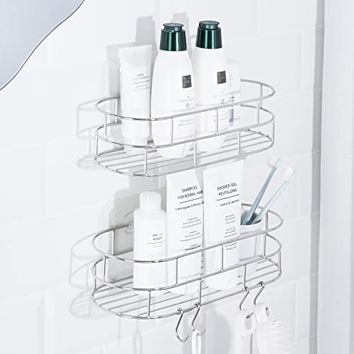 KINCMAX Shower Caddy, Rustproof SUS304 Stainless Steel, Adhesive Wall Mount Double Deep Round Baskets 2-pack with Hooks (Polished Silver)