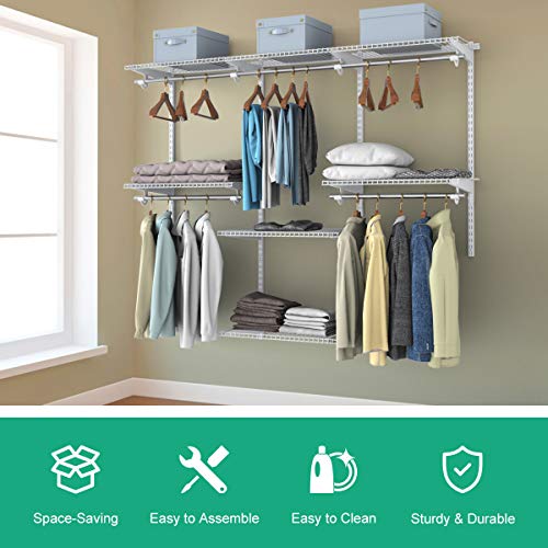 Moccha Custom Closet Organizer System, Wall Mounted Closet System with Hanging Rod, Metal Hanging Storage Organizer Rack Wardrobe with Shelves, Adjustable Closet Organizer Kit for Bedroom, White
