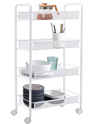 Rolling Storage Cart 4-Tier Metal Mesh Basket Shelves Kitchen Organizer with Wheels(White)