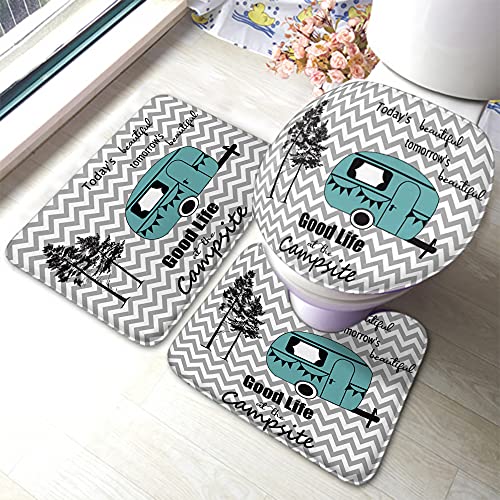 WONDERTIFY Camper Rv Bathroom Antiskid Pad Trailer Travel Tree Chevron Zig-Zag Stripes Camping Happy Camp 3 Pieces Bathroom Rugs Set, Bath Mat+Contour+Toilet Lid Cover