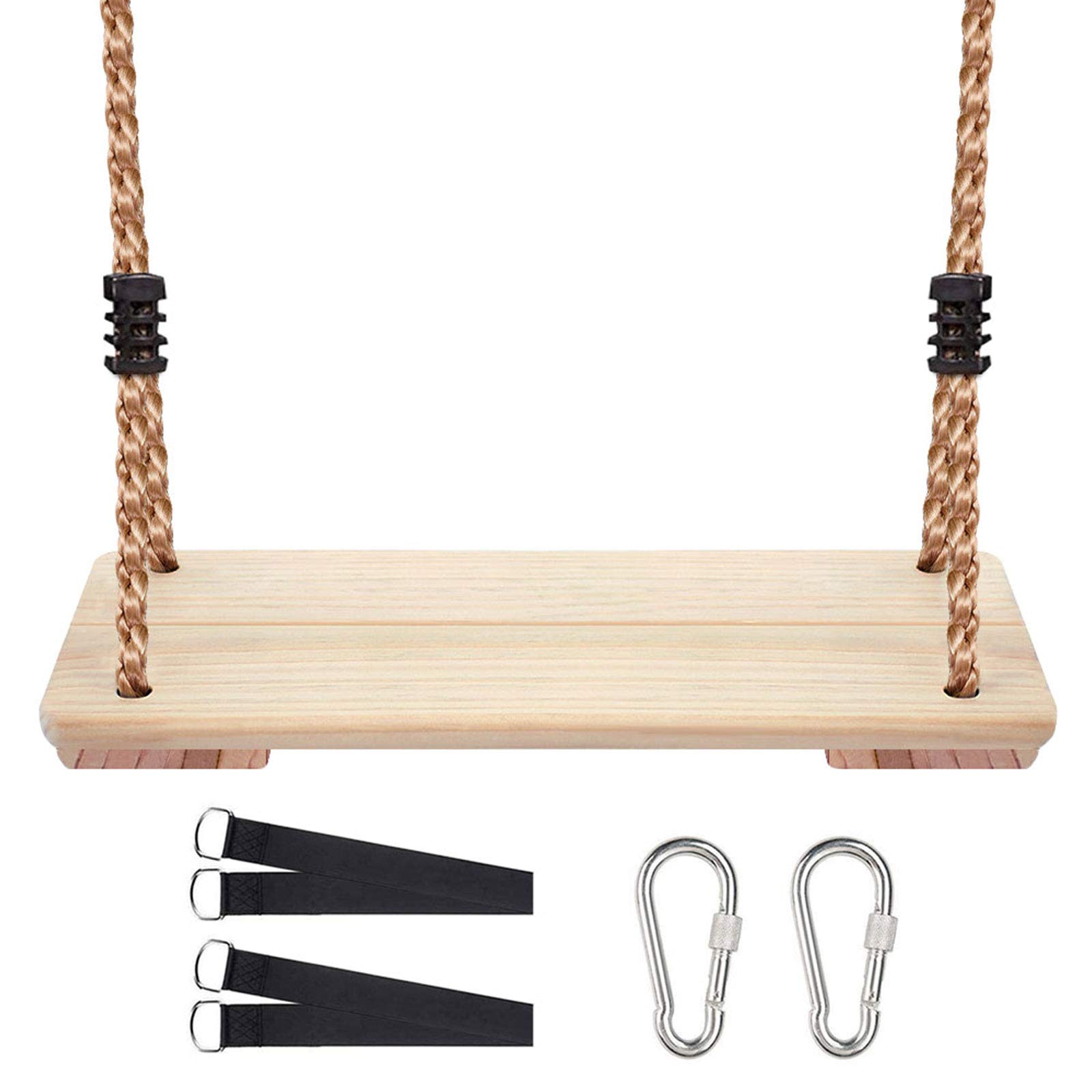 Wooden Tree Swing Set, Wooden Swing Seat with 2 Carabiners, 2 Strengthen Straps and Adjustable Rope for Kids Indoor Outdoor, 17.7'' x 7.5'' x 1.2''