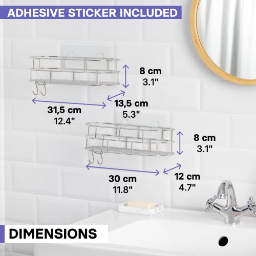 KINCMAX Shower Caddy, Rustproof SUS304 Stainless Steel, Adhesive Wall Mount Double Deep Round Baskets 2-pack with Hooks (Polished Silver)