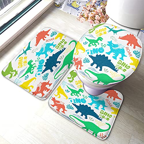 WONDERTIFY Dino Pattern Bathroom Antiskid Pad T-Rex Dinosaur Triceratops 3 Pieces Bathroom Rugs Set, Bath Mat+Contour+Toilet Lid Cover