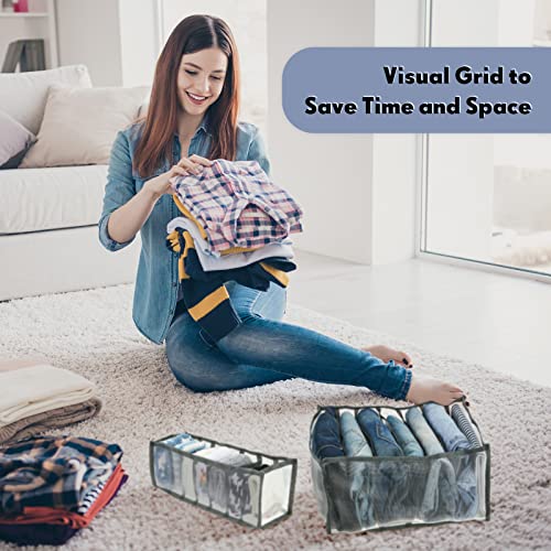 6 Pcs Drawer Organizers for Clothing Wardrobe Clothes Organizer Portable Clothing Storage Organizer Visible Grid Clothing Compartment Storage Box for Clothes, Jeans, Skirts, Trousers (7 Grids, Gray)