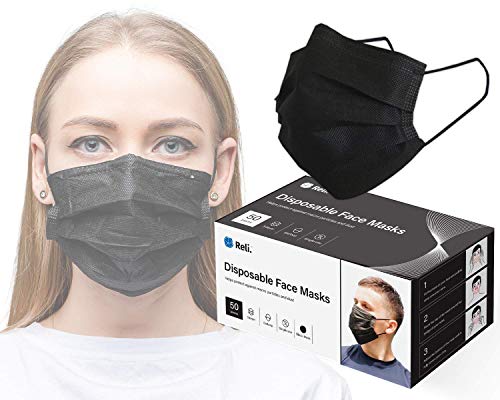 Reli. Black Face Mask (50 Masks) Disposable Black Mask, 3 PLY Protection with Filter Layer - Breathable, Elastic Ear Loop Mask - Face Protection, 50 Pack Pcs (Black)