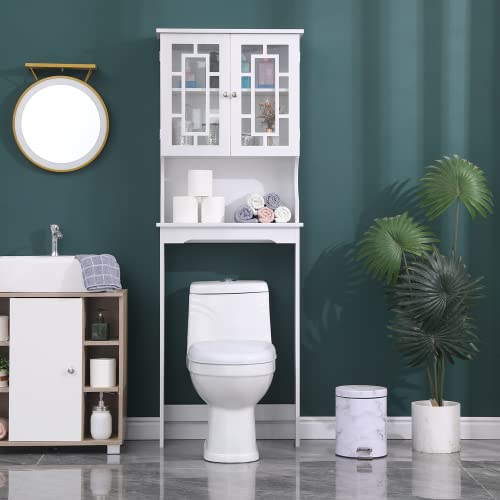 RICHRYCE Over-The-Toilet Storage, Wooden Bathroom Organizer, with 2 Glass Doors & Adjustable Shelf,Over Toilet Cabinets for Bathroom,67.1''L x 23.6''W x 8.5''H,(White)