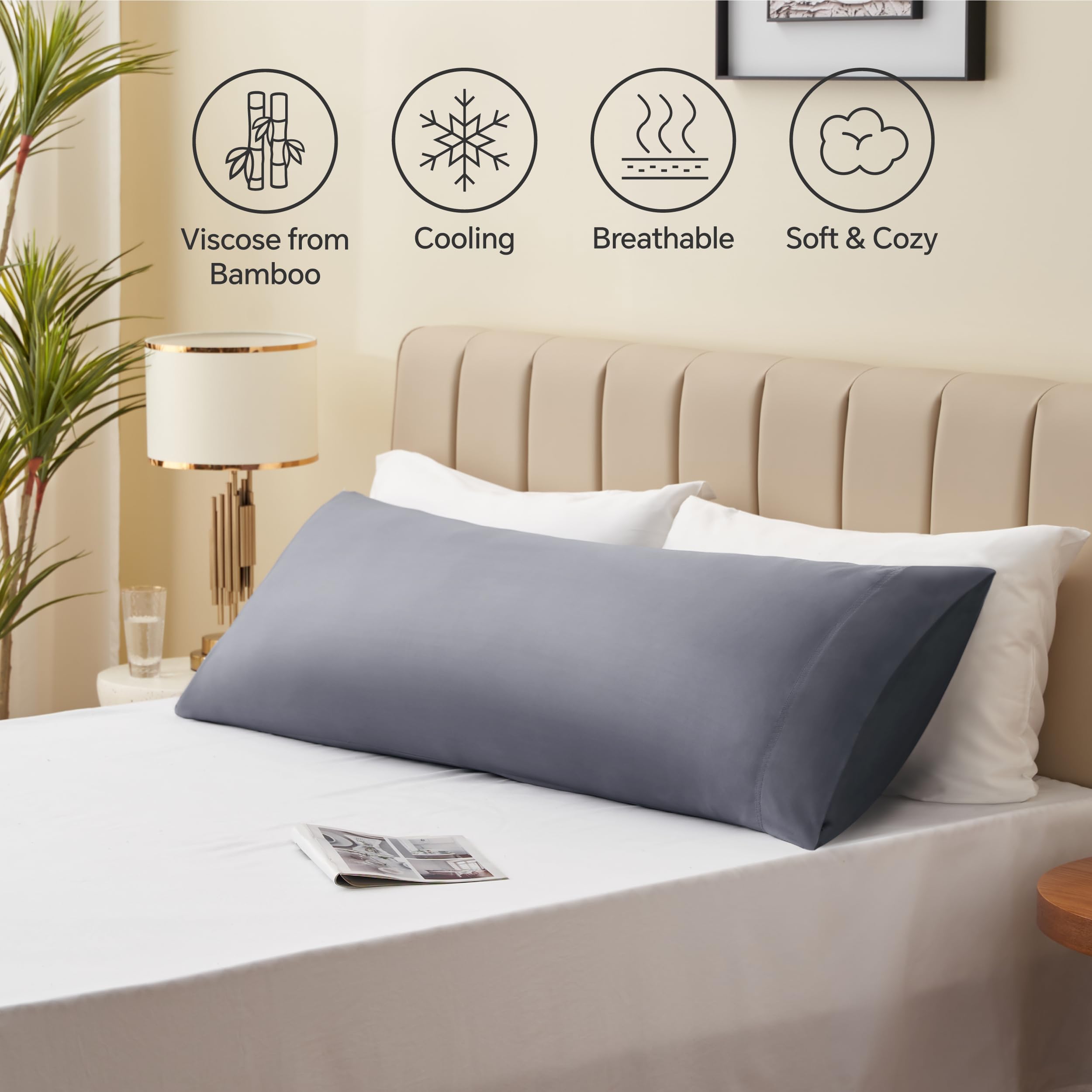 BEDELITE Body Pillow Cover, Rayon Made from Bamboo, Cooling Body Pillow Pillowcase for Hot Sleepers and Night Sweats, Breathable & Silky Soft Full Long Pillow Case Cover (Grey, 20x54 Inches)
