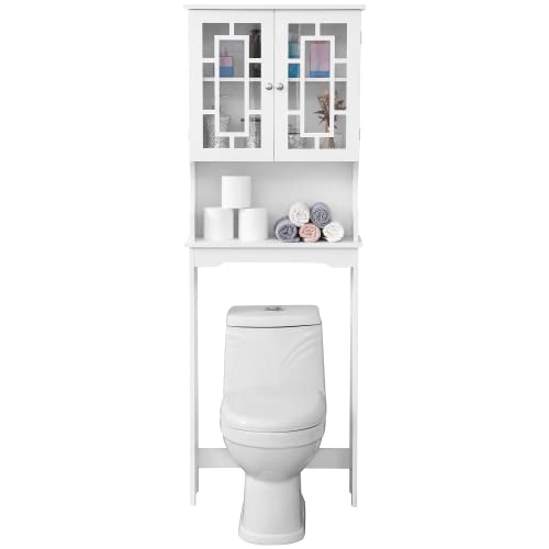 RICHRYCE Over-The-Toilet Storage, Wooden Bathroom Organizer, with 2 Glass Doors & Adjustable Shelf,Over Toilet Cabinets for Bathroom,67.1''L x 23.6''W x 8.5''H,(White)