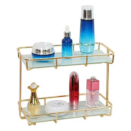 X-cosrack 2-Tier Bathroom Organizer Countertop, Bathroom Countertop Storage Shelf with Removable Marble Glass Tray, Vanity Tray Cosmetic Organizer Holder White