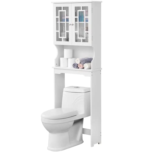 RICHRYCE Over-The-Toilet Storage, Wooden Bathroom Organizer, with 2 Glass Doors & Adjustable Shelf,Over Toilet Cabinets for Bathroom,67.1''L x 23.6''W x 8.5''H,(White)