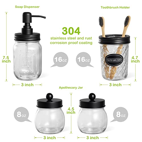 DHAEE Mason Jar Bathroom Accessories Set(6PCS) - Soap Dish,Apothecary Jar Canisters,Toothbrush Holder,Lotion Soap Dispenser,Metal Wire Storage Organizer Basket,Home,Farmhouse,Rustic Decor（Black）