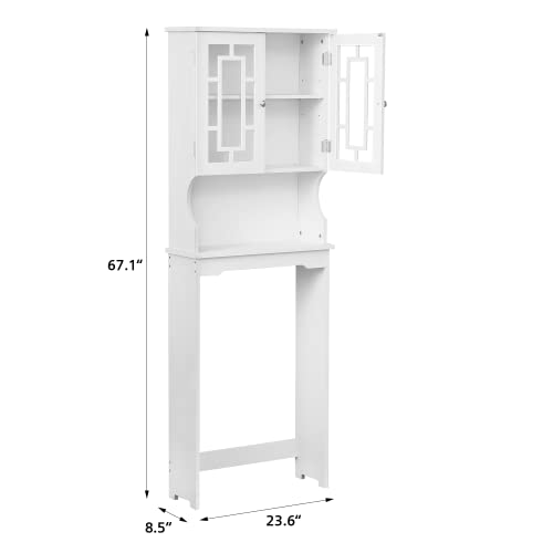 RICHRYCE Over-The-Toilet Storage, Wooden Bathroom Organizer, with 2 Glass Doors & Adjustable Shelf,Over Toilet Cabinets for Bathroom,67.1''L x 23.6''W x 8.5''H,(White)