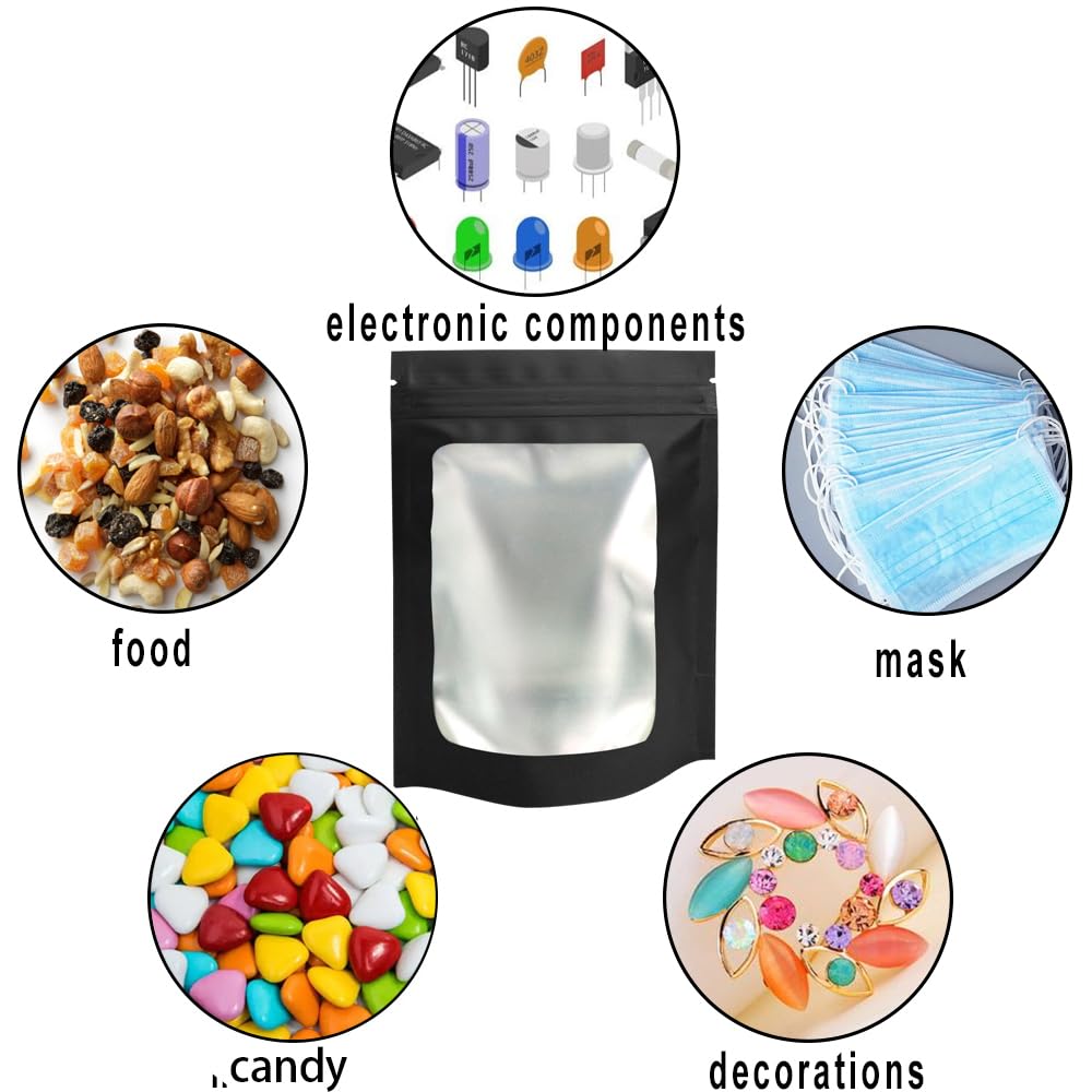 STUs 100 Pack Smell Proof Bags 4 x 6 Inch Resealable Stand-Up Mylar Bags with Clear Window Foil Pouch Bags Flat Bag Matte Black
