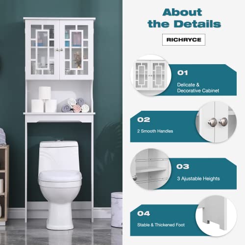 RICHRYCE Over-The-Toilet Storage, Wooden Bathroom Organizer, with 2 Glass Doors & Adjustable Shelf,Over Toilet Cabinets for Bathroom,67.1''L x 23.6''W x 8.5''H,(White)