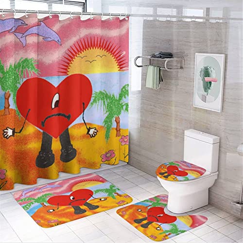 Bad Cute Bunny 4 Piece Shower Curtain Sets, with Non-Slip Rugs, Toilet Lid Cover and Bath Mat, Durable and Waterproof for Bathroom Decor Accessory Set 72" X 72"