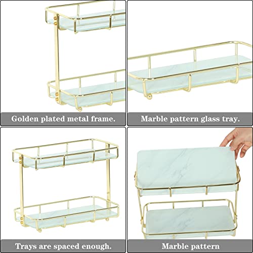 X-cosrack 2-Tier Bathroom Organizer Countertop, Bathroom Countertop Storage Shelf with Removable Marble Glass Tray, Vanity Tray Cosmetic Organizer Holder White