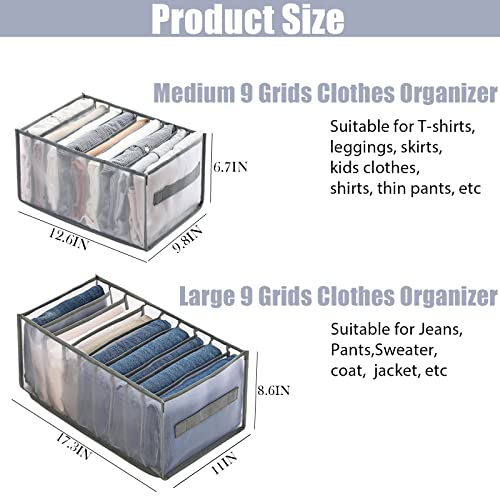 Duyoku Clothes Organizer - Dresser Drawer Organizers 2PCS, Drawer Organizer Clothes, 9 Grids Closet Storage, Washable, for Jeans, Pants, Sweater(GREY)