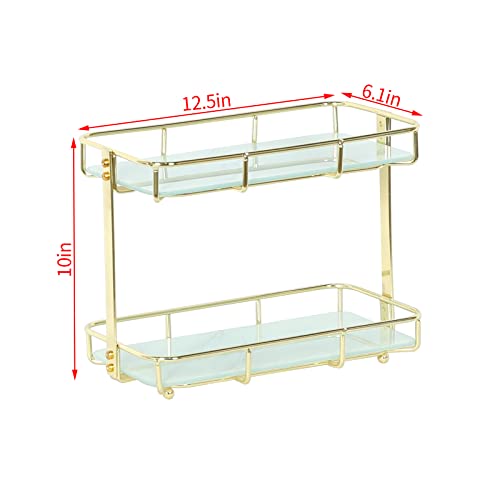 X-cosrack 2-Tier Bathroom Organizer Countertop, Bathroom Countertop Storage Shelf with Removable Marble Glass Tray, Vanity Tray Cosmetic Organizer Holder White