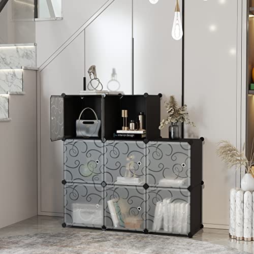 C&AHOME Cube Storage Organizer with Doors, 8-Cube Shelves, Closet Cabinet, DIY Plastic Modular Bookshelf, Storage Shelving Ideal for Bedroom, Living Room, 24.8" L × 12.4" W × 48.4" H Black UGSHS3008A
