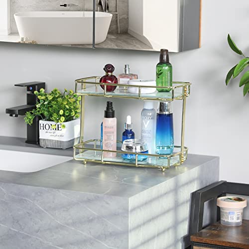 X-cosrack 2-Tier Bathroom Organizer Countertop, Bathroom Countertop Storage Shelf with Removable Marble Glass Tray, Vanity Tray Cosmetic Organizer Holder White