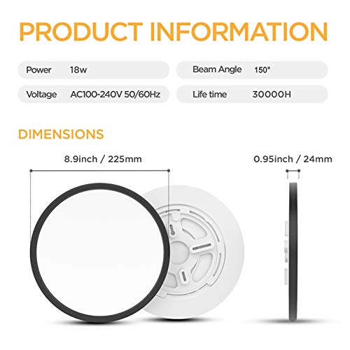TALOYA 2 Pack LED Flush Mount Ceiling Light Black 5000K 8.9 Inch Round 18W=180W (Equivalent) Simple Lamp for Bedroom Hallway Low Ceilings Areas