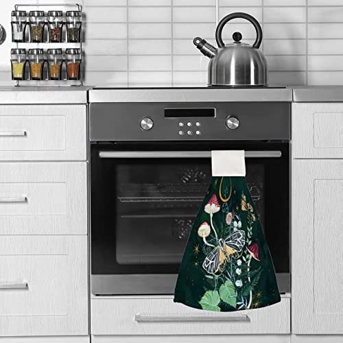 Kitchen Towel-Mushroom Moth Art Painting-Hand Towels Tie Towel Soft Microfiber Absorbent Washcloth Also for Bathroom Hand Sink Laundry Room RV Tabletop 2pcs