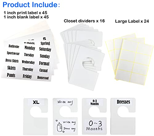 TraGoods 16 Pack White Clothing Rack Size Dividers Plus 60 Labels (1 Inch) and 16 Large Blank Labels, Large Rectangular Clothing Closet Dividers (Pearl White)
