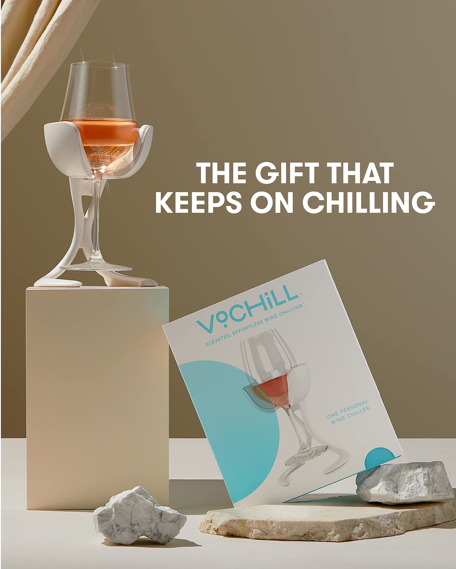 VoChill Stemmed Wine Glass Chiller | Smart & stylish | Radically cool wine tool – keeps wine perfectly chilled in your glass | Refreezable Chill Cradle actively chills (Quartz, Single VoChill)