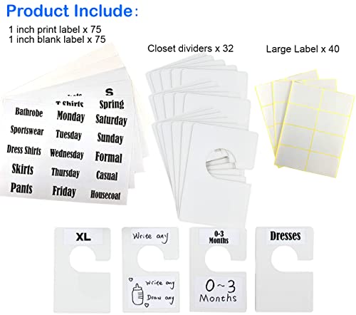 TraGoods 16 Pack White Clothing Rack Size Dividers Plus 60 Labels (1 Inch) and 16 Large Blank Labels, Large Rectangular Clothing Closet Dividers (Pearl White)