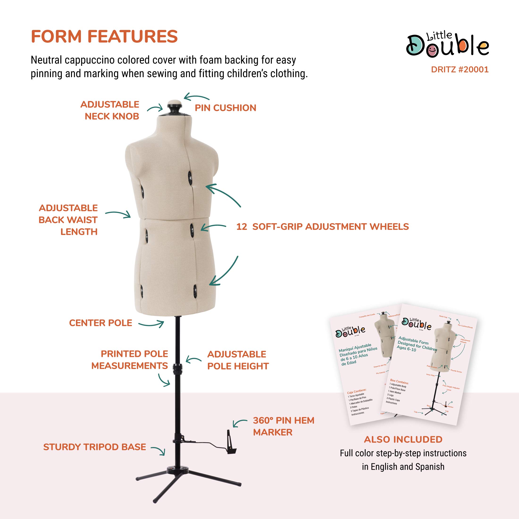 Dritz Little Double Adjustable Dress Form, Child, Beige - 20001