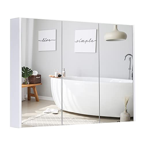 GLACER Large Mirrored Medicine Cabinet, Bathroom Wall Mounted Storage Cabinet with Triple Mirrored Doors and Adjustable Shelves, Ideal for Bathroom, Living Room, 36 x 4.5 x 25.5 inches (White)