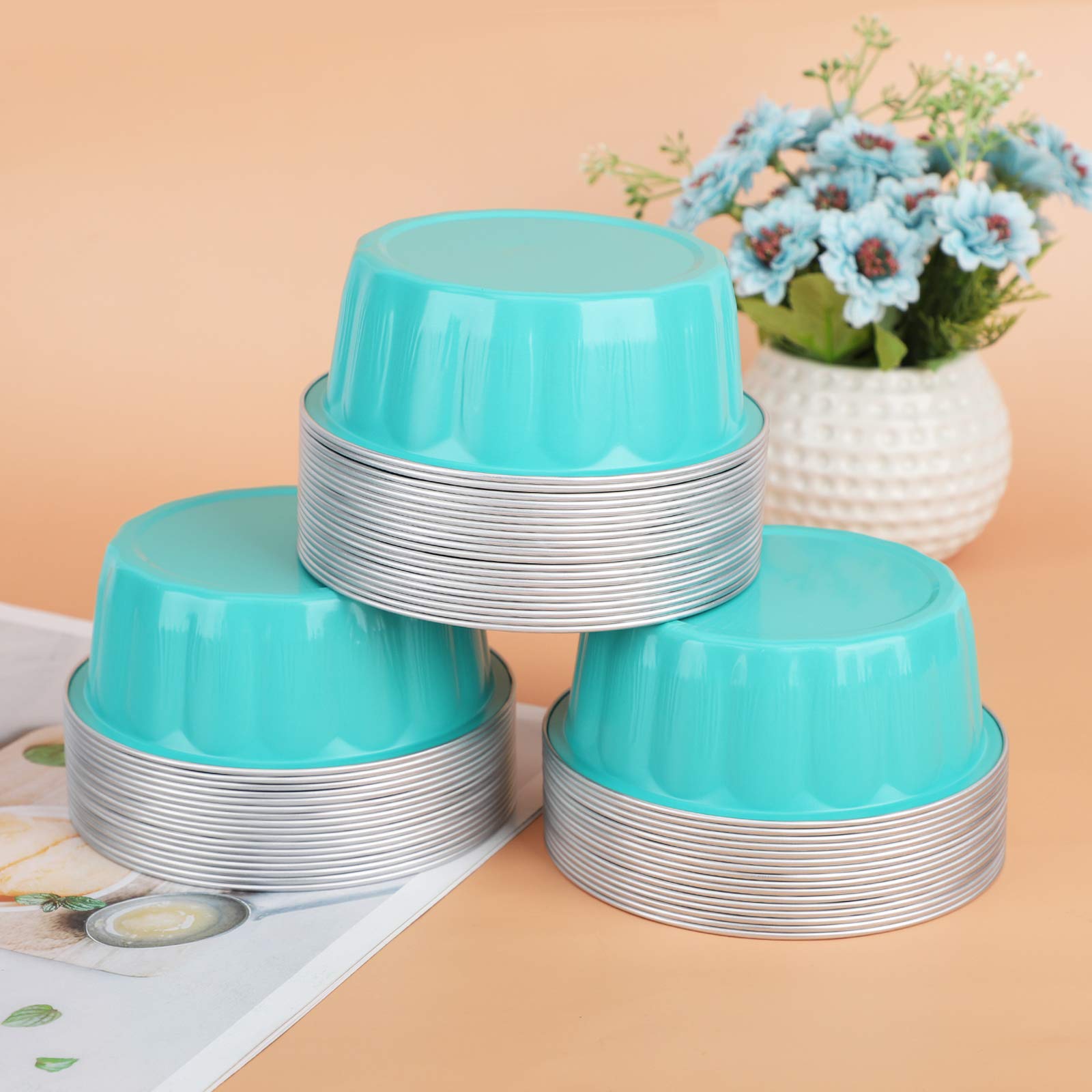 Beasea 8 oz 50 Pack Disposable Ramekins with Lids, Aluminum Cups for Baking Elegant Blue Aluminum Foil Cups Creme Brulee Muffin Cupcake Baking Cup Mini Pudding Cups for Party Wedding Birthday