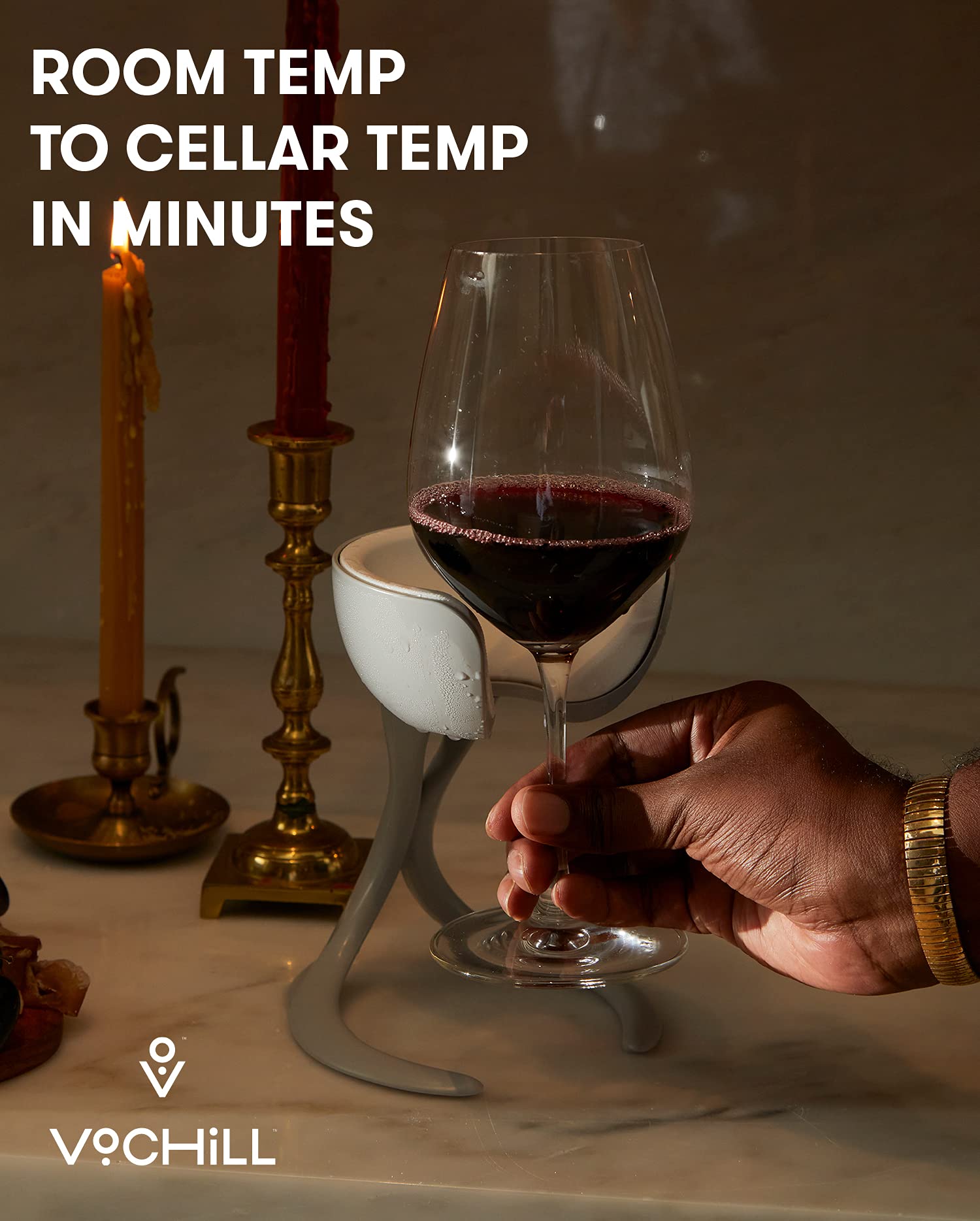 VoChill Stemmed Wine Glass Chiller | Smart & stylish | Radically cool wine tool – keeps wine perfectly chilled in your glass | Refreezable Chill Cradle actively chills (Quartz, Single VoChill)