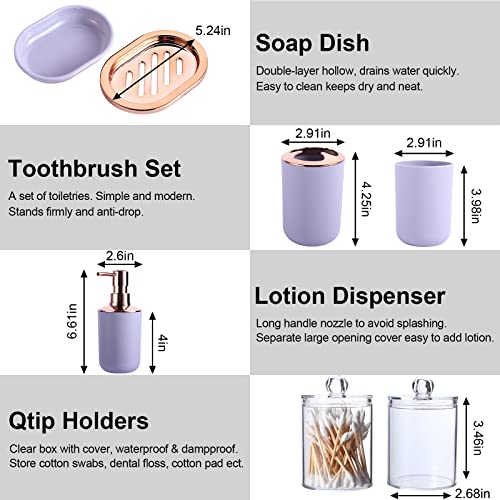 8 Pieces Purple Bathroom Accessories Set - Trash Can with Swing Lid,Soap Dispenser,Self Draining Soap Dish,Toilet Brush with Holder,Toothbrush Holder,Mouthwash Cup,Qtip Holder Dispensers