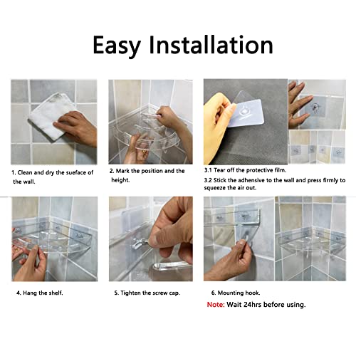 2 Pcs Adhesive Acrylic Corner Shower Caddy Shelf with Hooks Hollow Wall Mounted No Drilling Clear Corner Shelf for Shower Kitchen Organizer